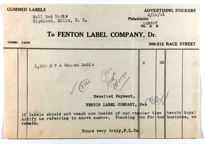 Vintage Billhead Fenton Label Company Stickers Lables Philadelphia PA ...