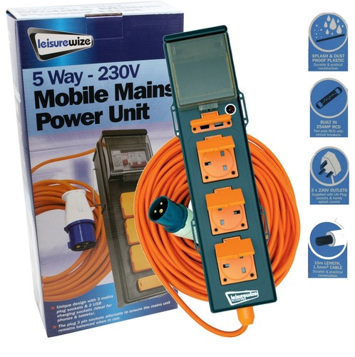 5 X WAY PLUG MOBILE RCD 2X USB TRIP CABLE MAINS HOOK UP 15M LEAD ...