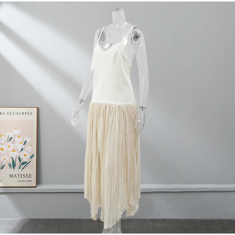 Beige Drop Waist Pleated Dress | eBay