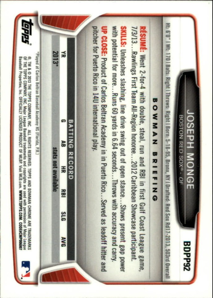 Joseph Monge Bowman Chrome 2013 #BDPP92 Redsox | eBay