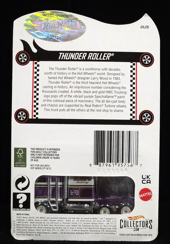 Hot Wheels Thunder Roller RLC Redline Club 2020 Car 02985/20000 Purple ...