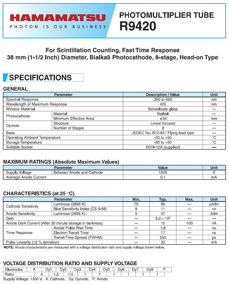 HAMAMATSU R9420 -20 Photomultiplier Tube 1-1/2" (38mm) PMT Detector ...