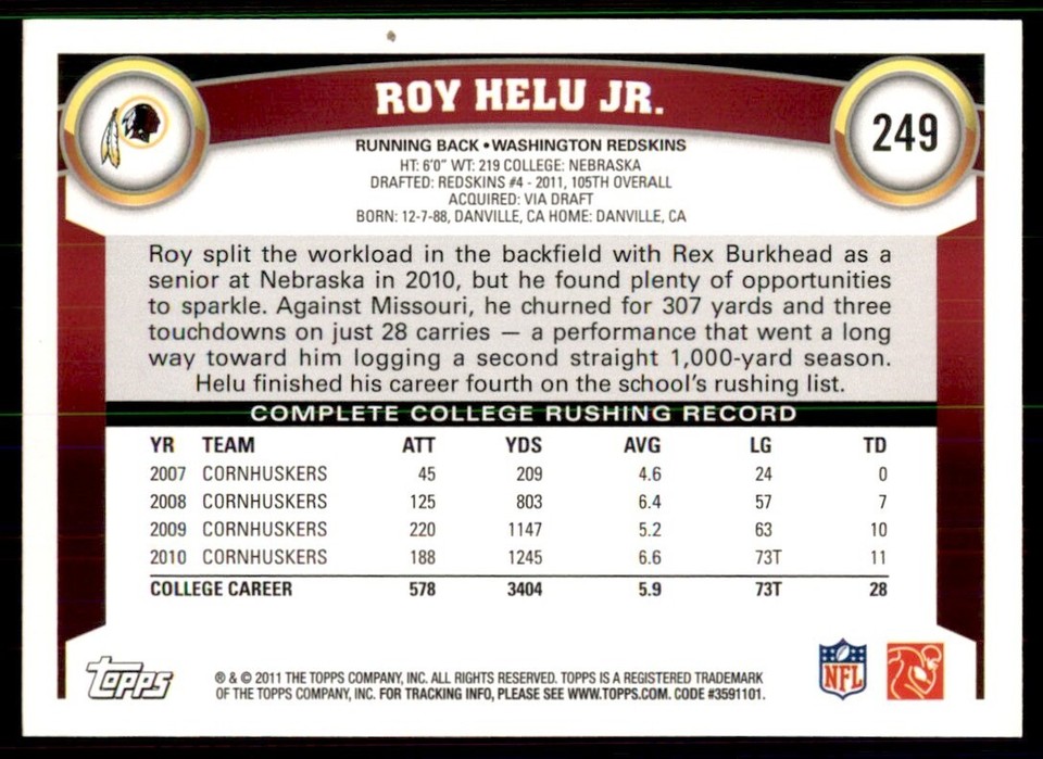 2011 Topps Roy Helu Rookie Washington Redskins #249 NFL Football Card ...