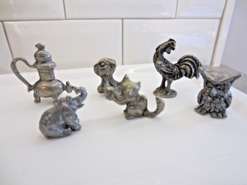 6 Lead 1" Figures Animals Coffee Pot Owl Rooster Squirrel Cat Elephant ...
