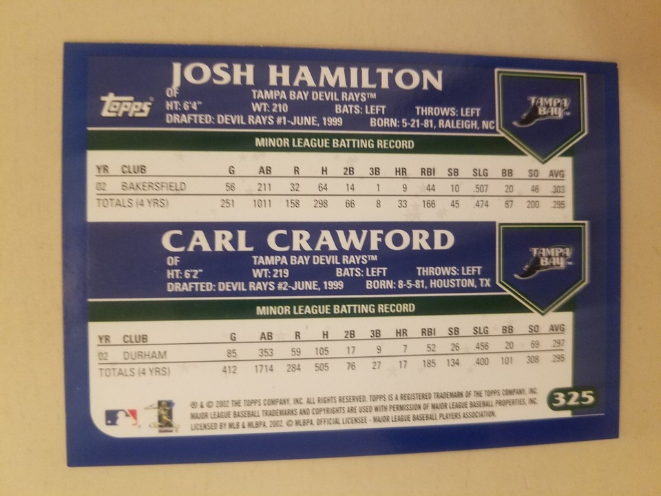 Carl Crawford + Josh Hamilton Rookie RC 2002 Topps Future Stars Tampa ...