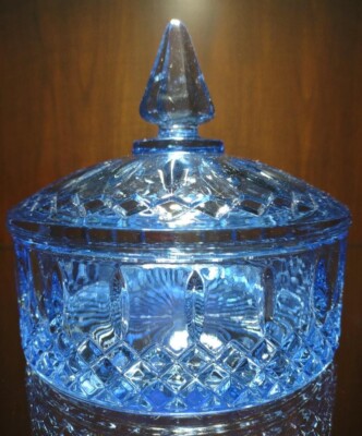 light blue cut crystal round candy dish with spire cover | eBay