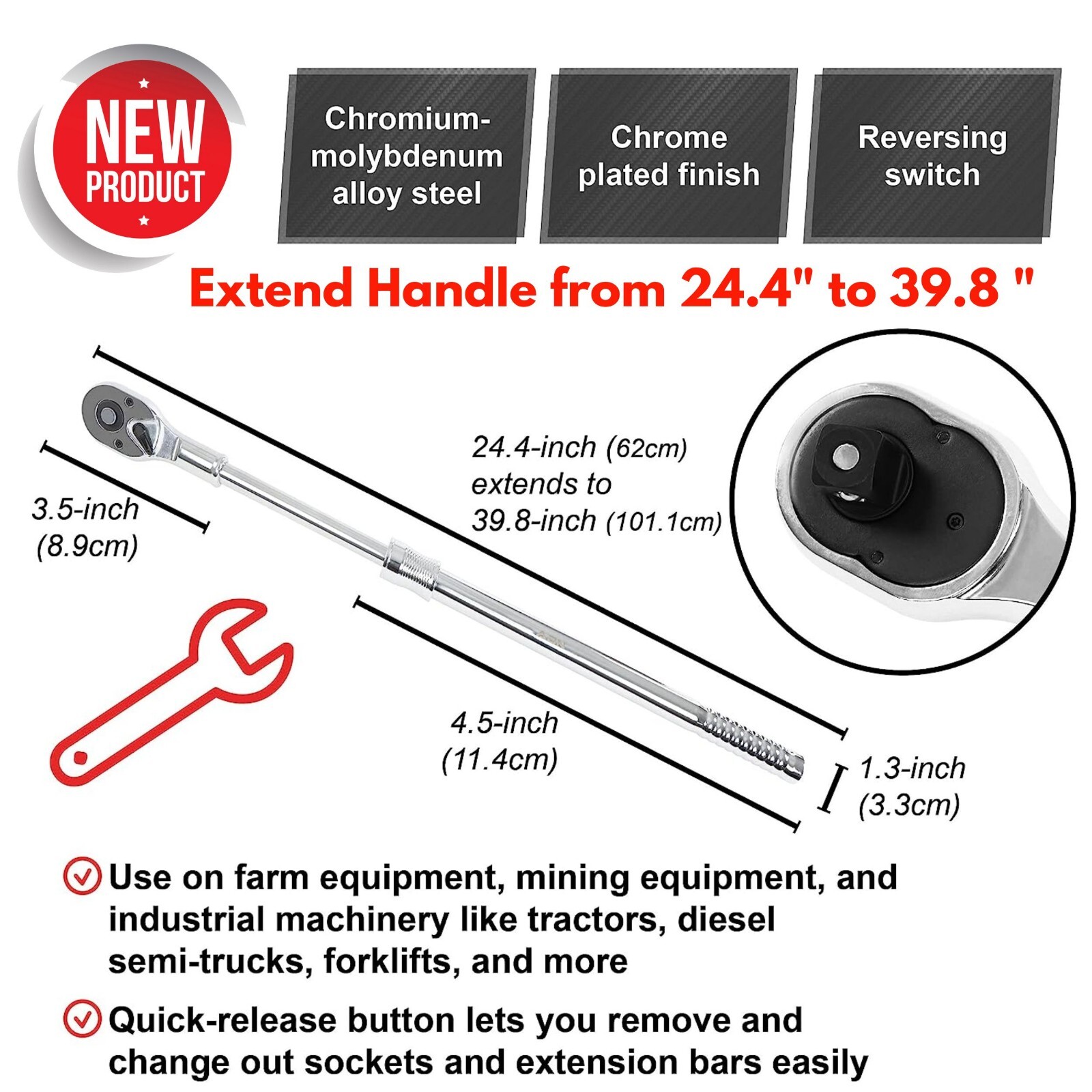 3/4" Drive Extendable Ratchet Telescoping Locking Handle Torque Wrench ...