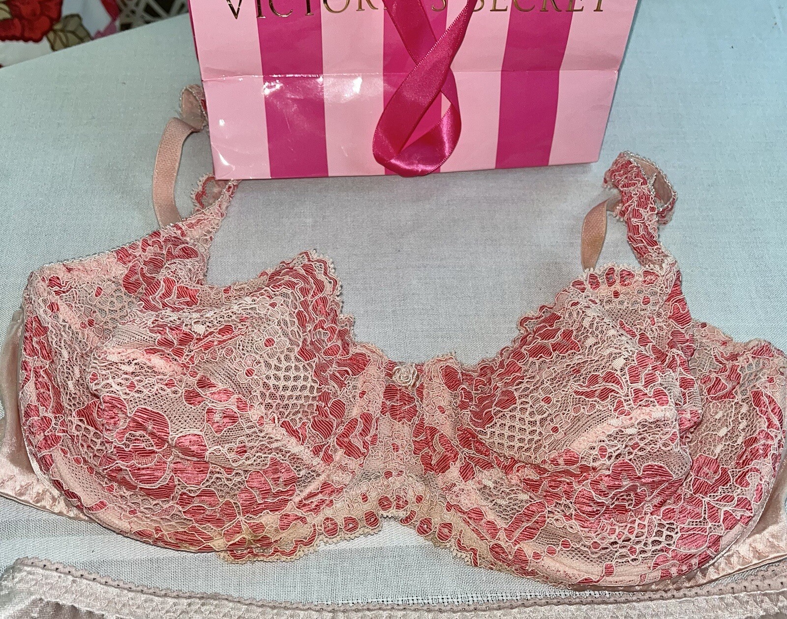 Set Vtg Victorias Secret Bra 2nd SATIN Lace Pink Coral 38C Vanity Fair ...