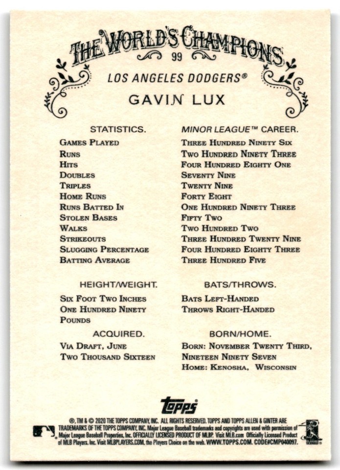 2020 Topps Allen & Ginter Gavin Lux Rookie Los Angeles Dodgers #99 | eBay