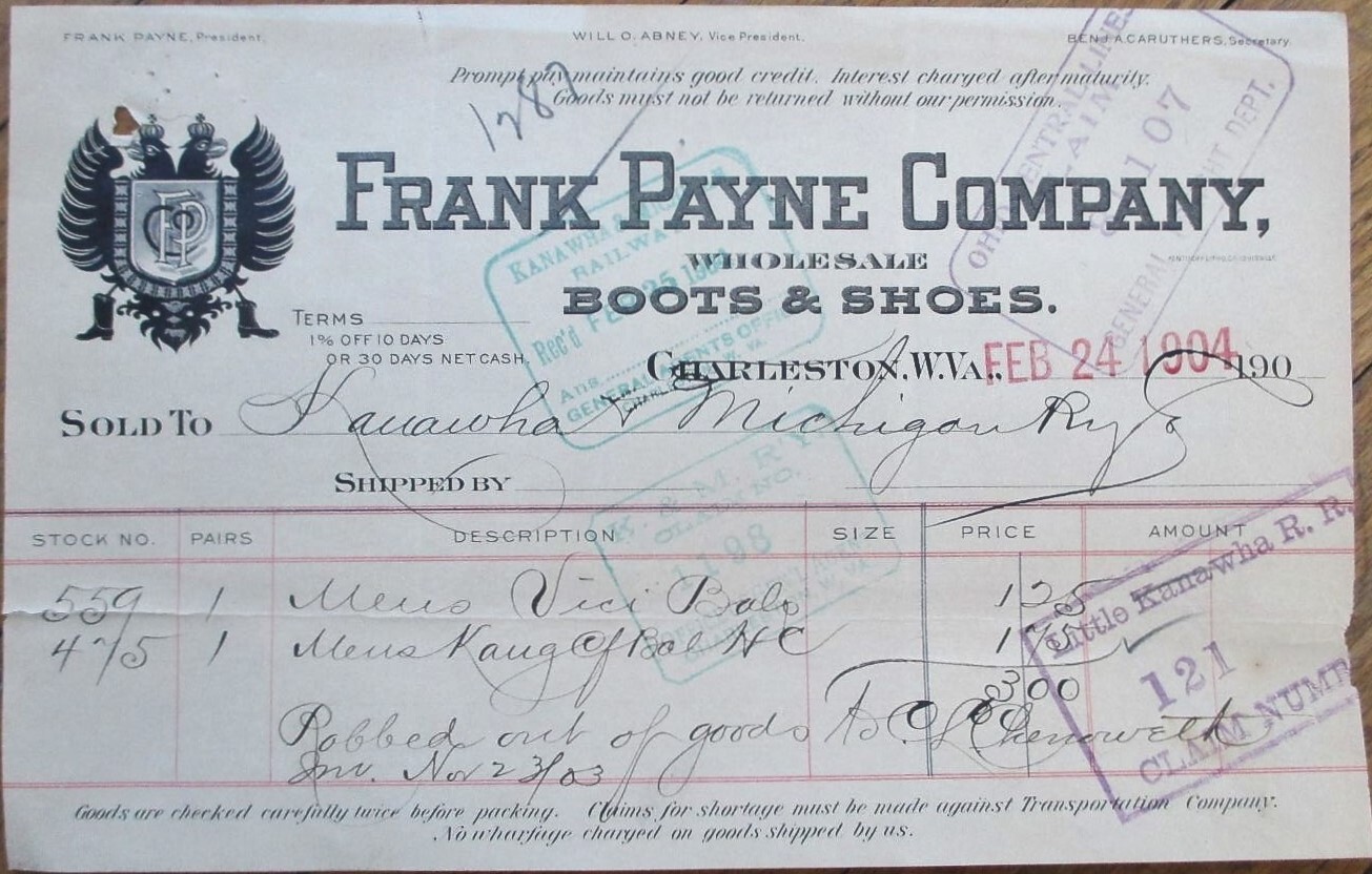 Charleston, WV 1904 Letterhead, Boots and Shoes, Frank Payne Co., West ...
