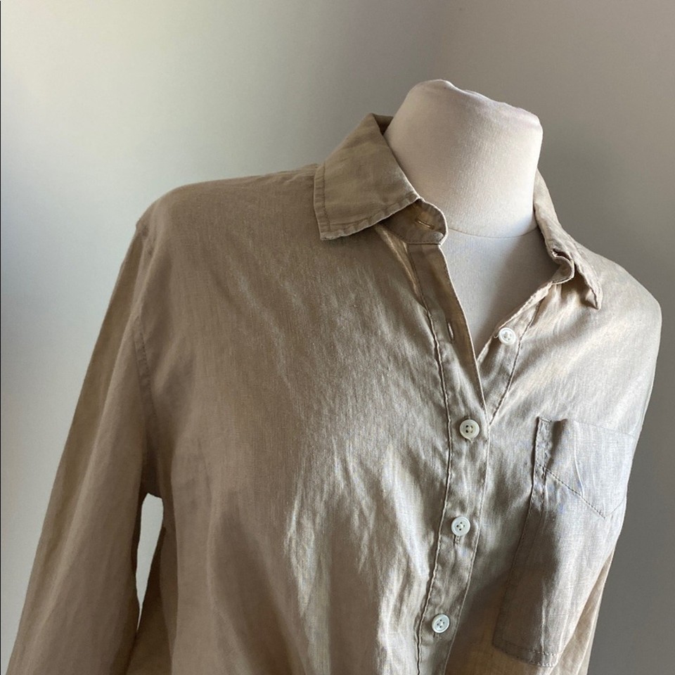 ATM Button-Up Tie Front Shirt Womens Sz Medium Tan Beige Cropped Linen ...