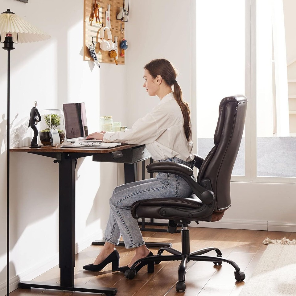 Brown Leather Office Chair. Adjustable, Swivel. Computer Desk. Wheels ...