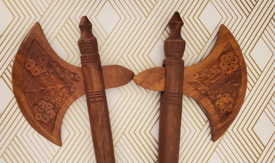 2 Vintage Ornate Carved Wood Axe Decorative Wooden Persian Style Axes ...