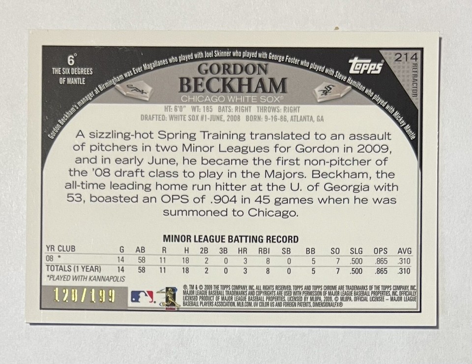 Gordon Beckham 2009 Topps Chrome RC Rookie BLUE Refractor Card #214 ...