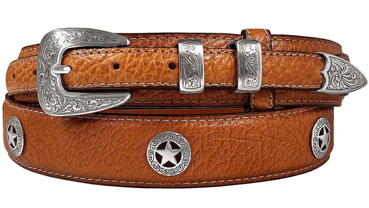 Western Silver Engraved Texas Ranger Star Conchos Genuine Leather Belt ...