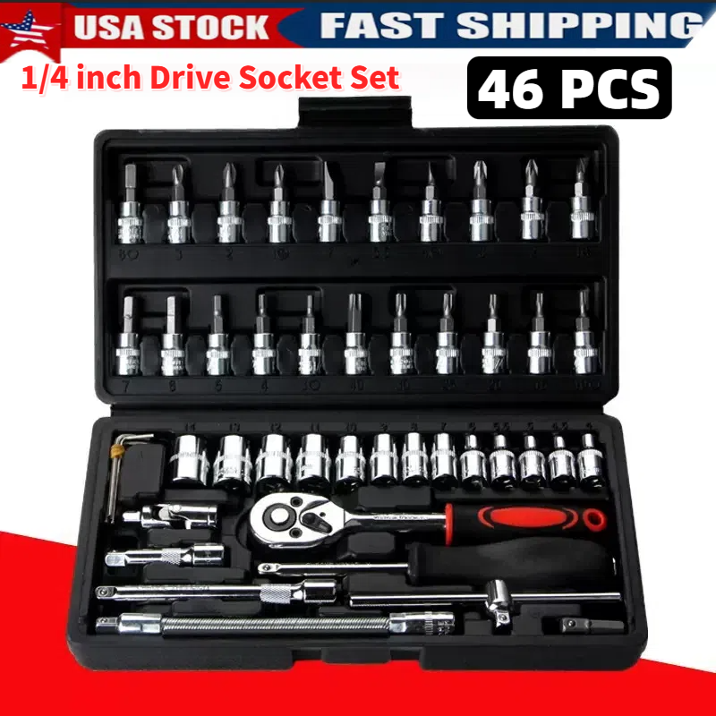 46 Pcs Socket Wrench Set 1/4" Drive Ratchet Metric Kit Garage Car ...