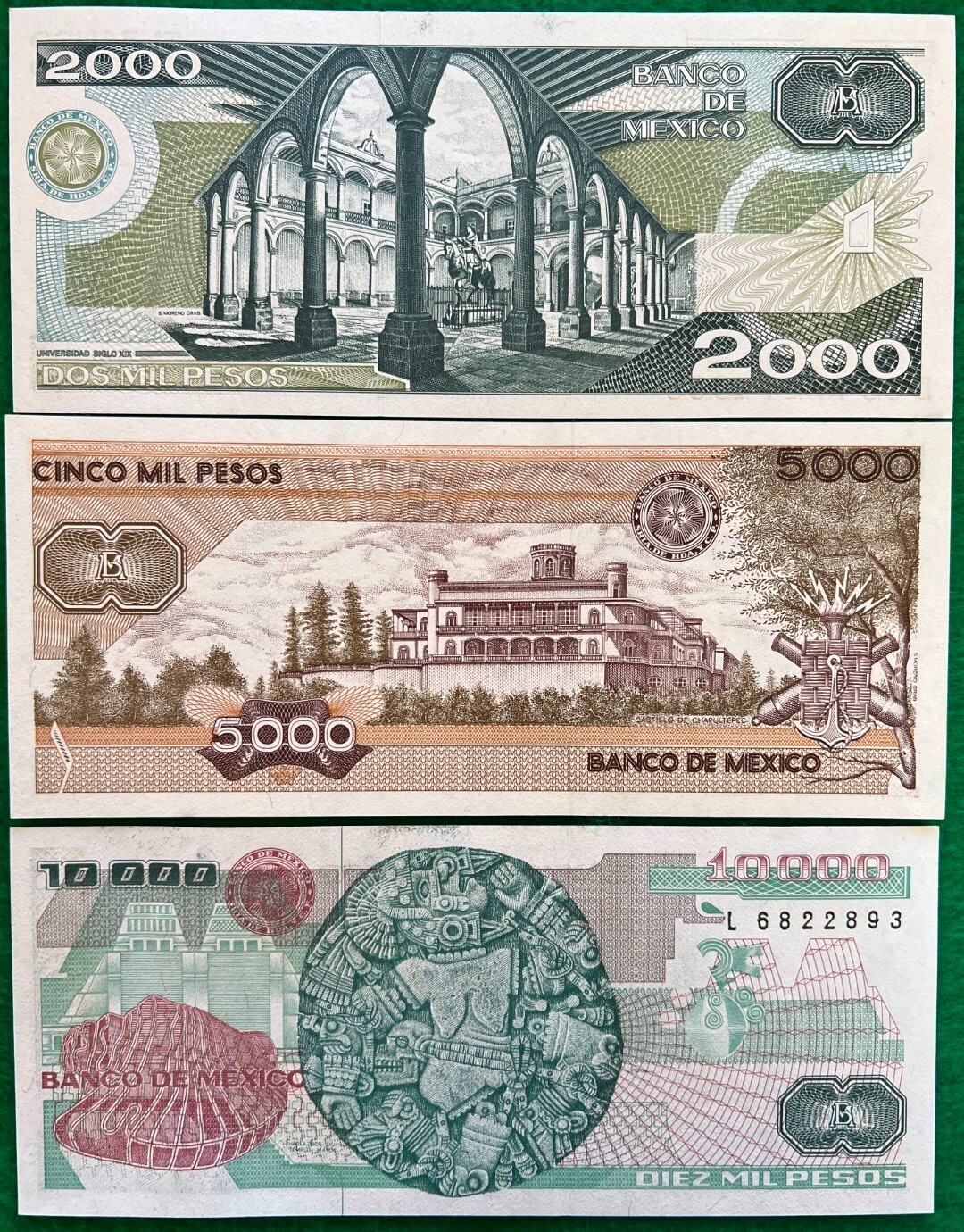 Lot of 5 Mexico banknotes 1000 2000 10000 5000 Pesos Cardenas Sierra ...