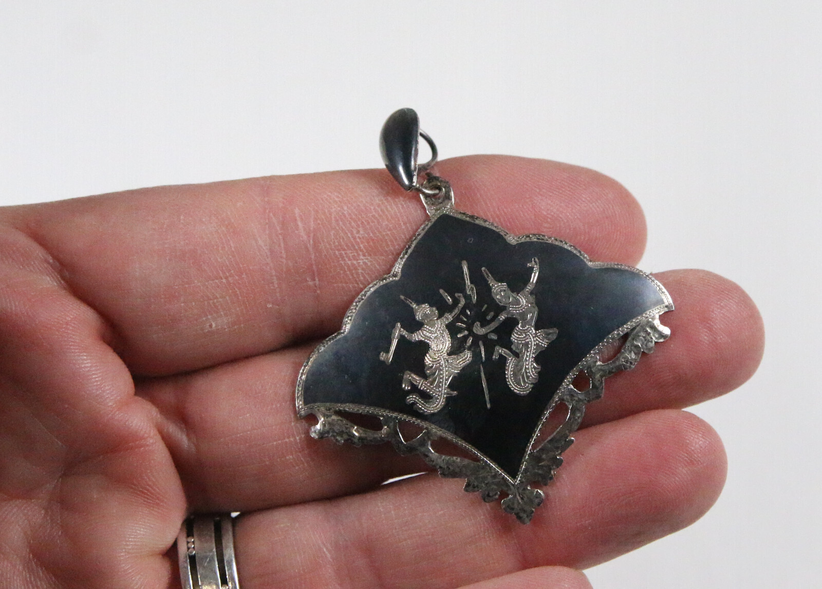 Large Vintage Siam Solid Sterling Silver Black Niello… - Gem