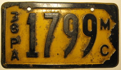 1938 PA Pennsylvania Motorcycle License Plate - Original Antique Rare ...