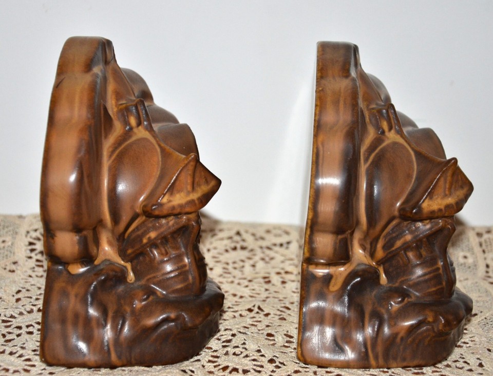Rookwood 1926 Pair Brown Ship Bookends matte finish designer McDonald ...