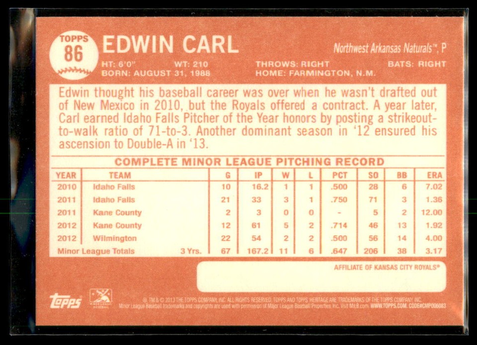2013 Topps Heritage Minors Edwin Carl #86 Northwest Arkansas Naturals ...