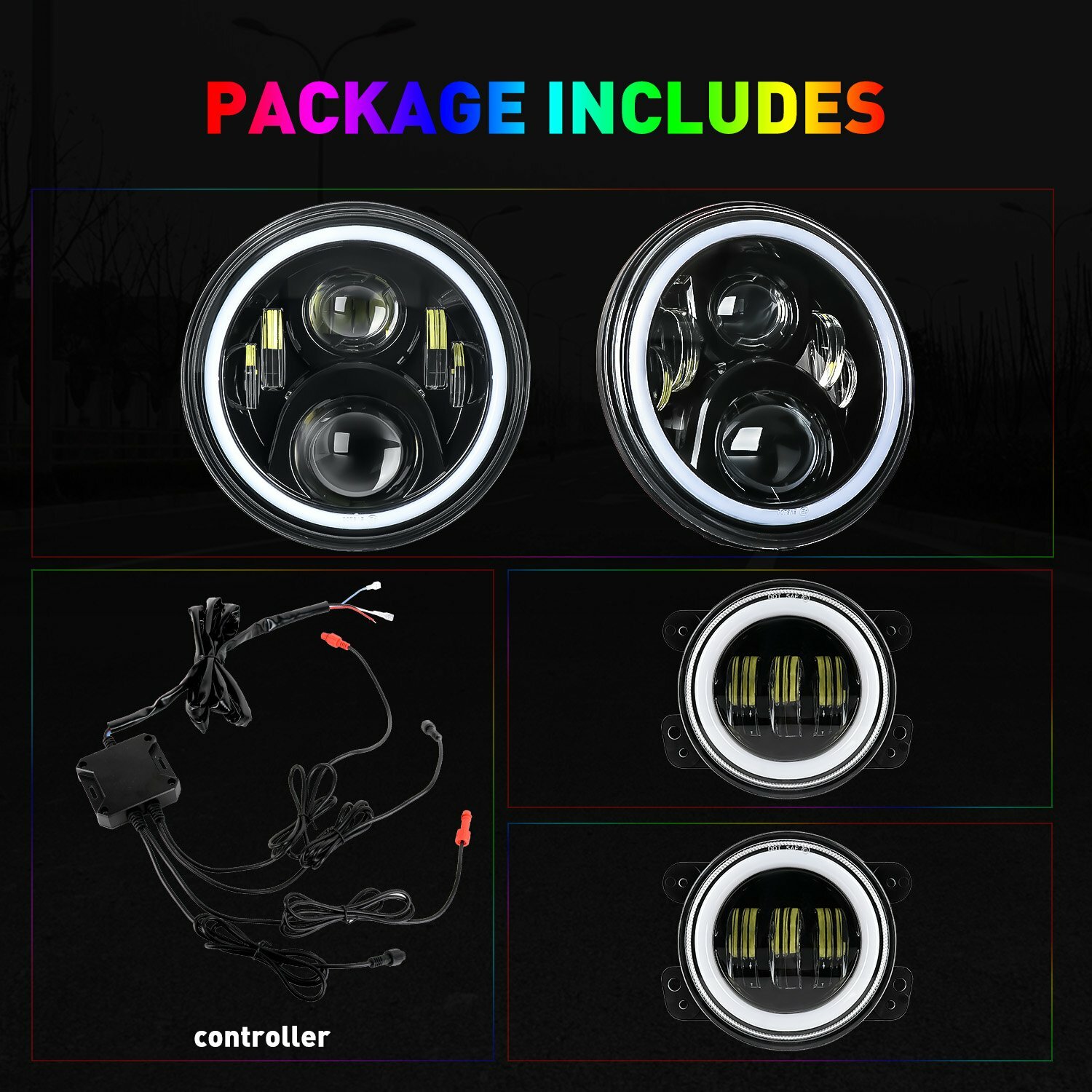 RGB Angle Eye 7'' LED Headlights &4" LED Fog Lights Combo Kit for Jeep ...