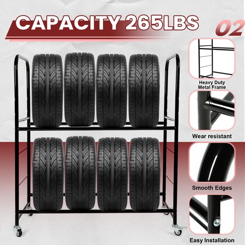 Adjustable Rolling 8 Tire Rack Garage Storage W/ Wheel For Home ...