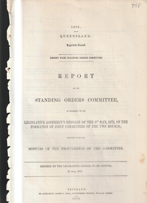 MEMORABILIA ,QLD GOVERNMENT REPORT , 1872 , STANDING ORDERS COMMITTEE ...