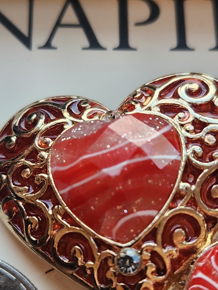Napier Triple Heart Brooch Pin Red Stones Valentines Day Gold Tone Gift ...