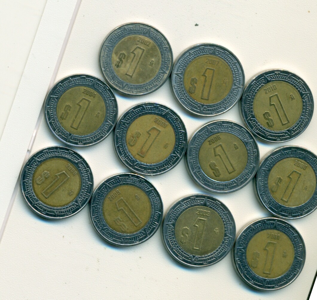 11 DIFFERENT BI-METAL 1 PESO COINS..MEXICO..2000/01/02/03/04/05/06/07 ...
