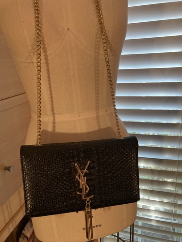 Vintage YSL Monogram Black Shoulder Bag Magnetic Closure Chain Strap L9 ...