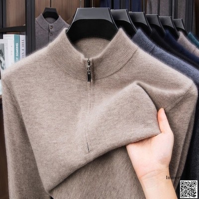 Men 100% Wool Warm Half-Zip Turtleneck Sweater Long Sleeve Pullover ...