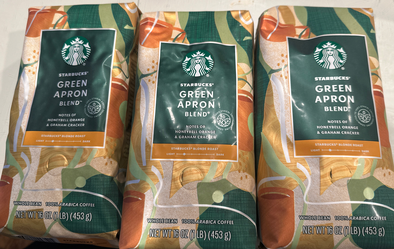 Starbucks Green Apron Blend Blonde Roast Whole Bean Coffee 16oz 3 Pack ...