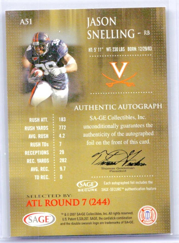 2007 SAGE #A51 Jason Snelling Autographs Bronze Auto CC724 | eBay
