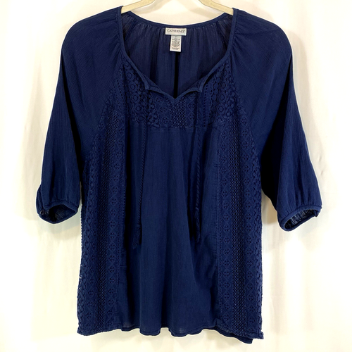 Catherines Top Navy Blue Front Lace Panels V-Neck Tassels Womens Plus ...