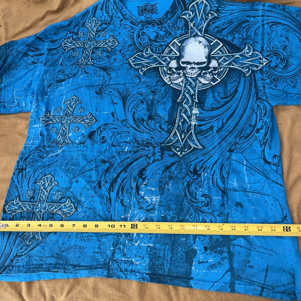 MMA Elite Shirt Mens Blue Wings Cross Y2K All Over Print Skull 90s Size 2XL XXL | eBay