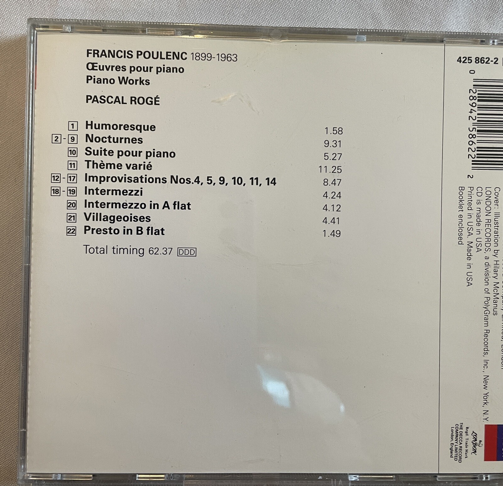 PASCAL ROGÉ - POULENC Nocturnes, Suite, 6 improvisations DECCA CD 1990 ...