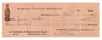 1934 Bank Check , Cola Cola Bottling Co, Monticello Florida $400 | eBay