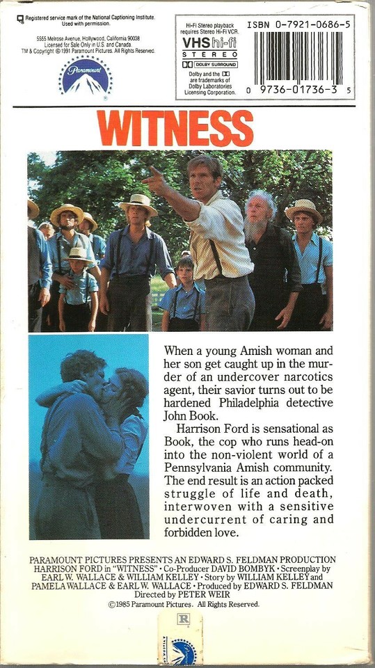 Witness VHS 1991 Harrison Ford Kelly McGillis Lukas Haas Crime Thriller ...