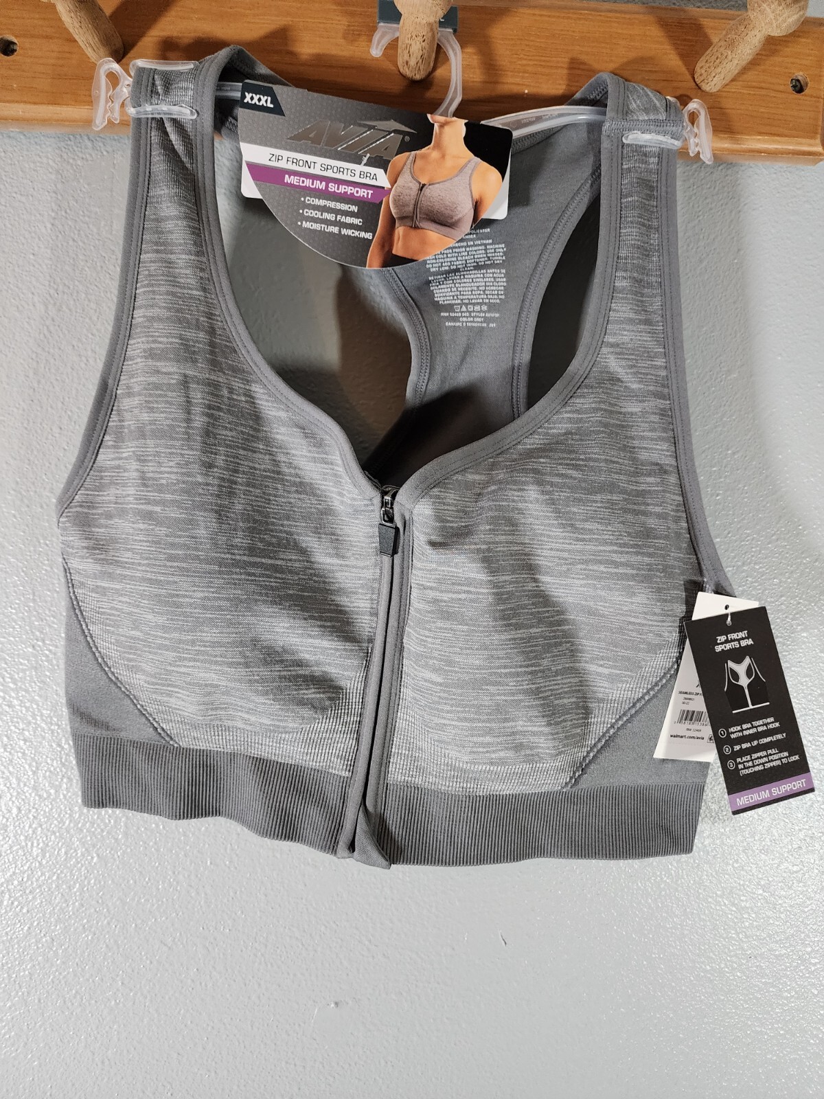 NWT AVIA Zip Front Sports Gray Bra Medium Support Size XXXL Razorback ...
