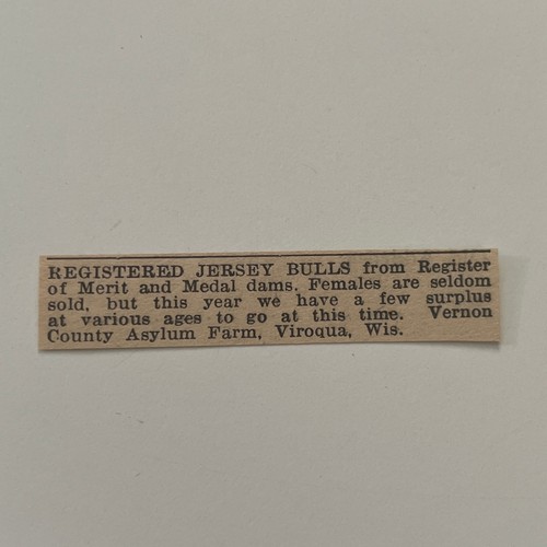 Registered Jersey Bulls Vernon County Asylum Farm 1939 Wisconsin Ad ...