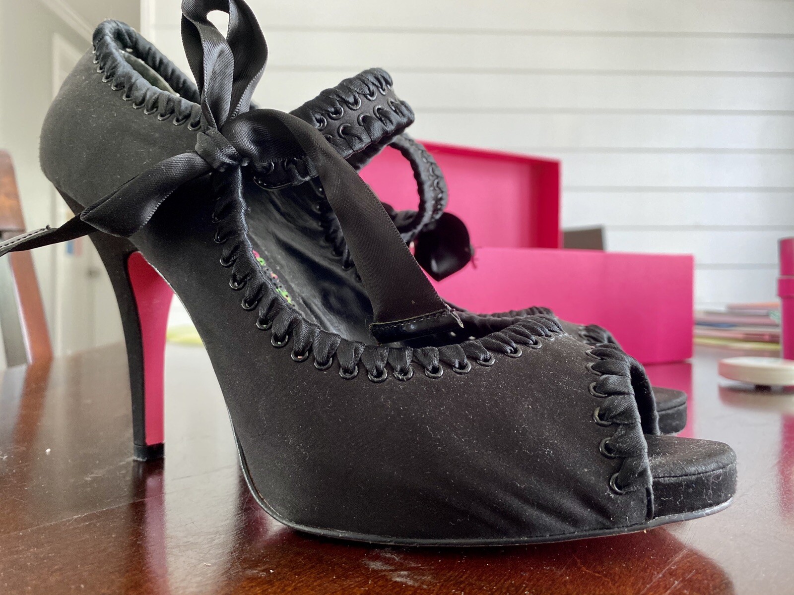 Betsey Johnson Pink Sole Black Satin Calandra Ribbon … - Gem