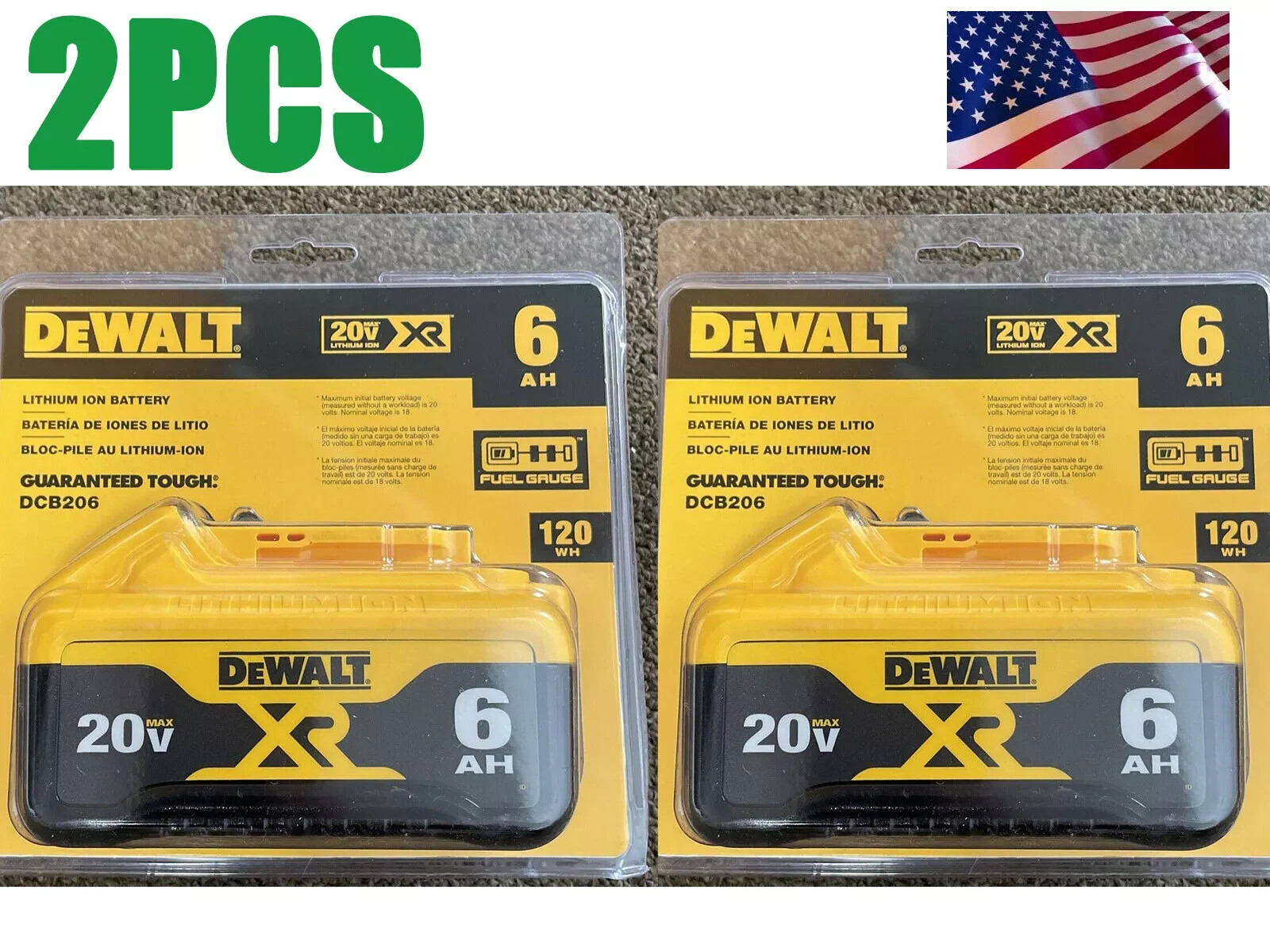 2 PCS DeWalt DCB206 20V MAX XR Battery 6Ah Power Tool Batteries