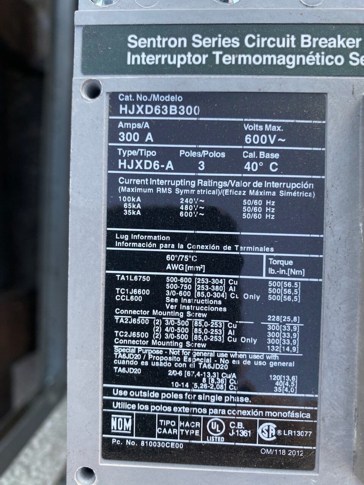SIEMENS HJXD63B300 3P 300A 600V SENTRON SERIES CIRCUIT BREAKER SURPLUS ...