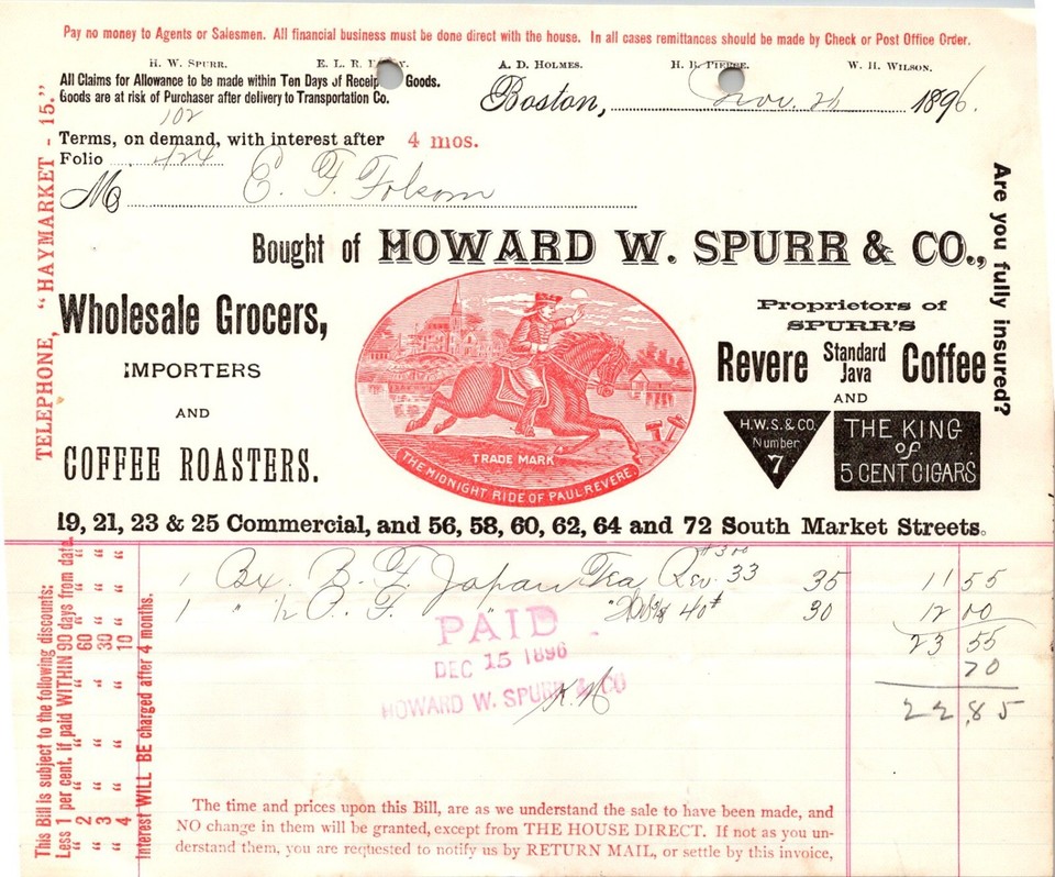 1896 HOWARD M SPURR CO GROCER COFFEE ROASTER REVERE JAVA COFFEE BOSTON ...