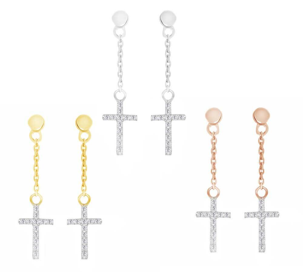 1/20 Ct Round Cut Natural Diamond Cross Dangle Earrings For Women's In ...
