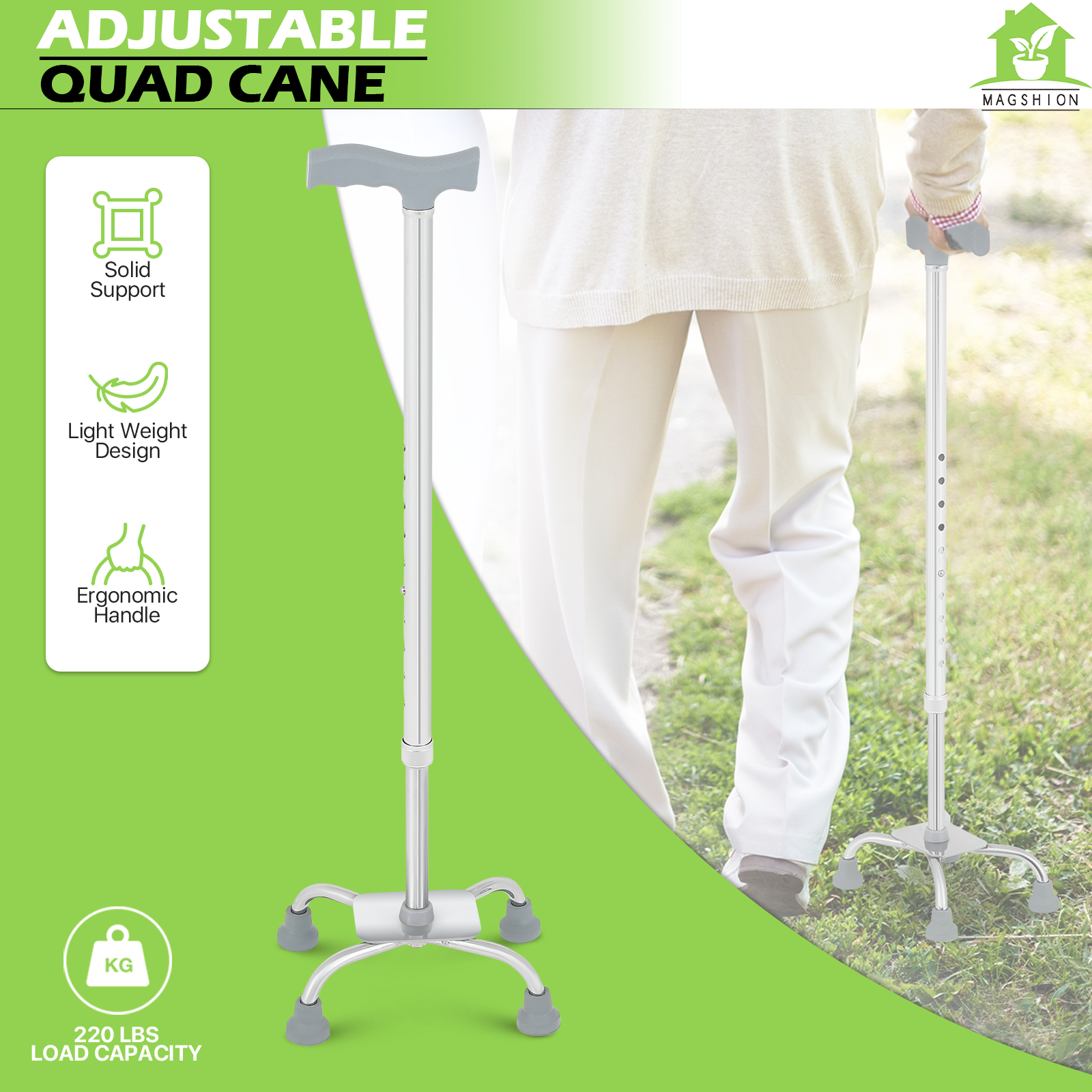 Quad Cane Adjustable Height Walking Cane Non Slip 4-Prong Base [ALUMINUM]Walker | eBay