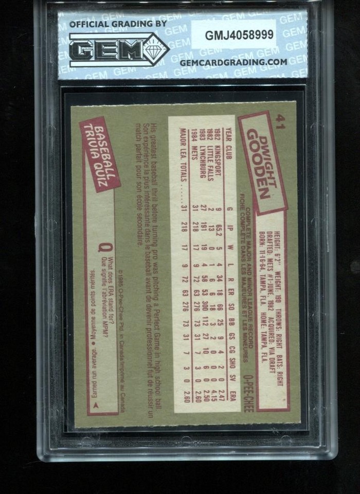 Dwight Gooden Rookie 1985 O-Pee-Chee #41 RC Card MLB New York Mets GEM ...