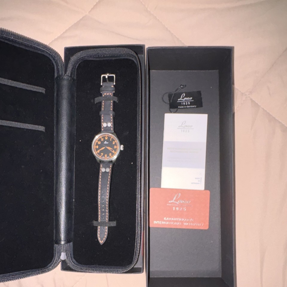 Laco 1925 Pilot/Aviator Black Dial Leather Strap Watch with Box and ...
