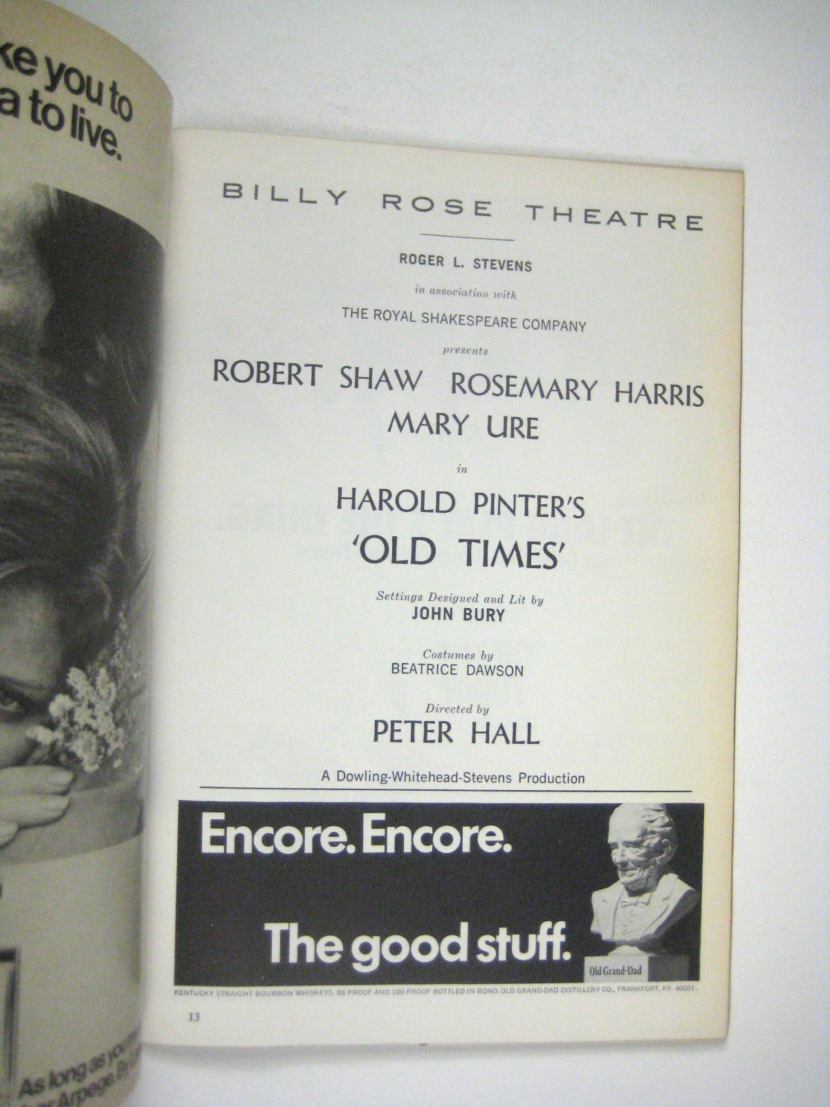 Old Times Playbill 1972 Billy Rose Theatre Rosemary Harris Mary Ure ...